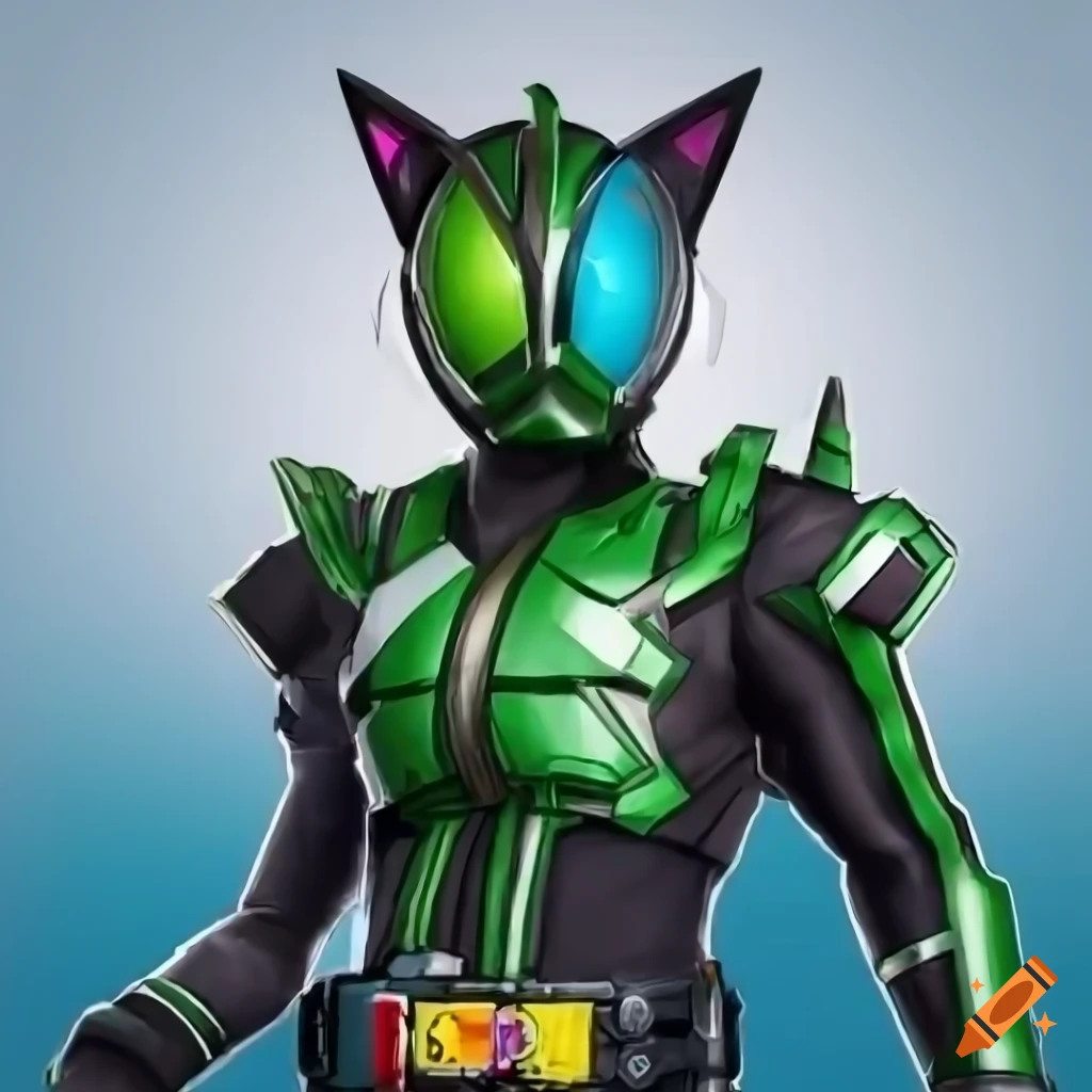 Kamen Rider with cat-inspired helmet and cactus motifs on Craiyon