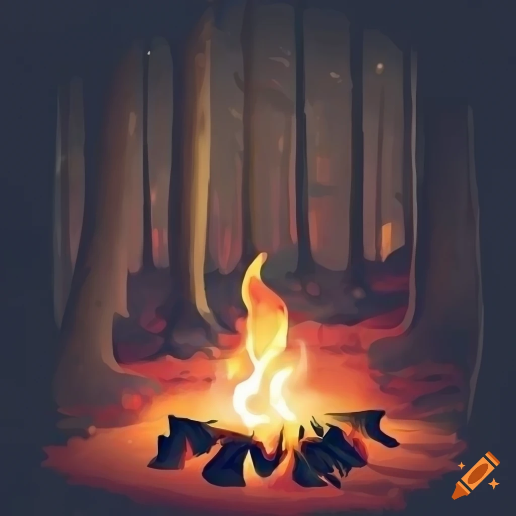 Digital illustration of a campfire in the wilderness on Craiyon
