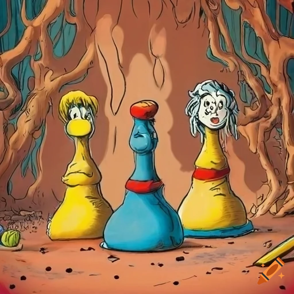 Colorful illustration of a fairy tale game with human pawns on Craiyon