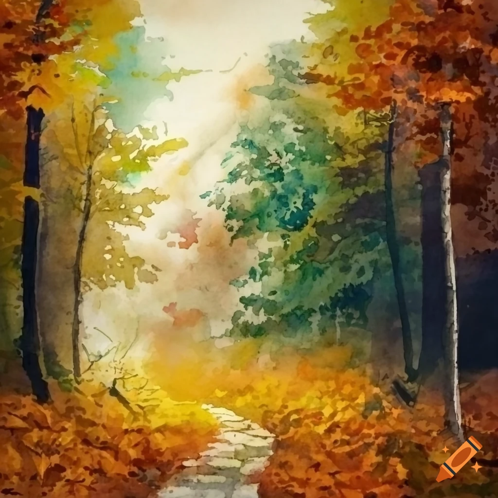 Watercolor of a forest path with a white portal on Craiyon