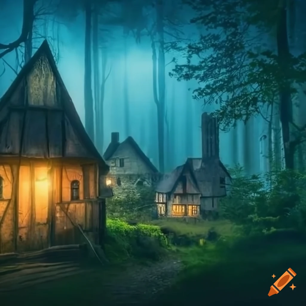Night scene of a medieval village in a lush forest on Craiyon