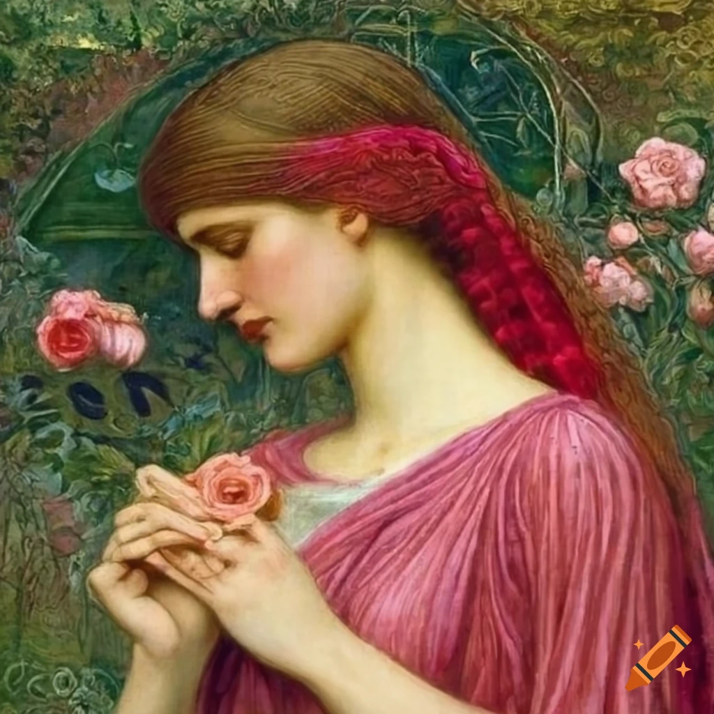 Detailed pre-raphaelite style artwork of a beautiful woman with red roses on Craiyon