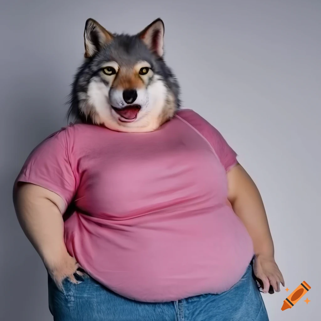 Funny illustration of a fat wolf wearing a pink t-shirt and blue denim ...