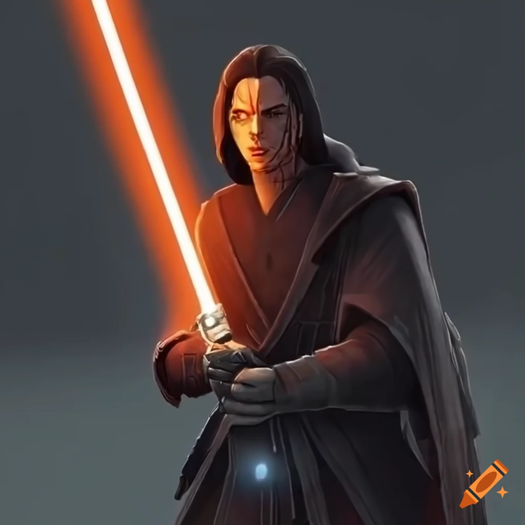 Dark jedi character with orange lightsaber on black desert on Craiyon