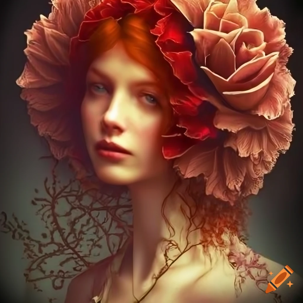 Fractal art of a red-haired woman surrounded by roses on Craiyon
