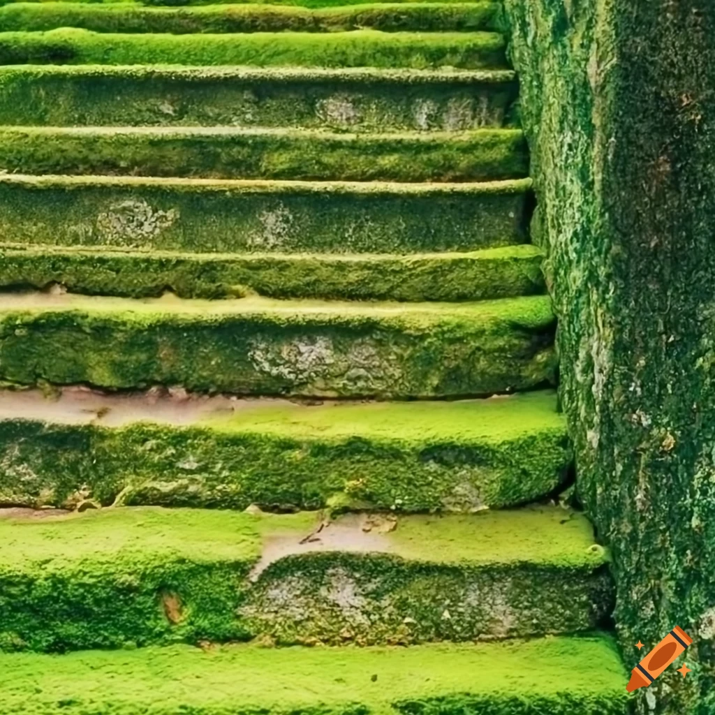 Side view of moss-covered steps on Craiyon