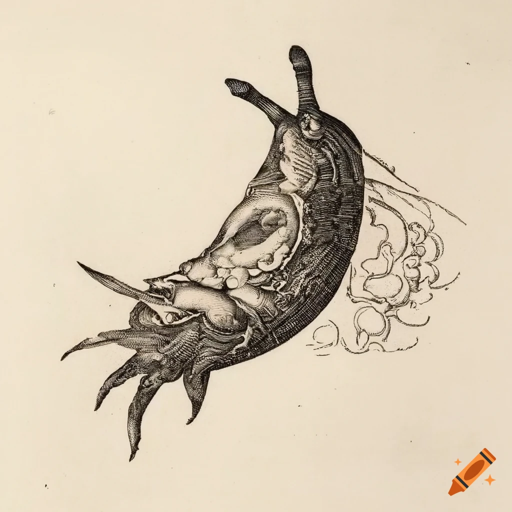 Engraving of flying sea slugs in the sky on Craiyon