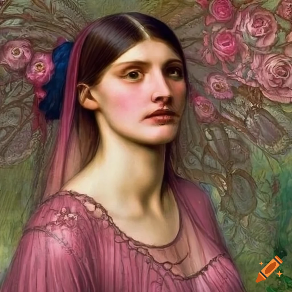 Detailed pre-raphaelite style artwork of a beautiful woman with red roses on Craiyon
