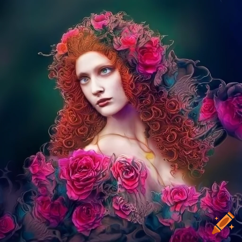 Fractal art of a red-haired woman surrounded by roses on Craiyon