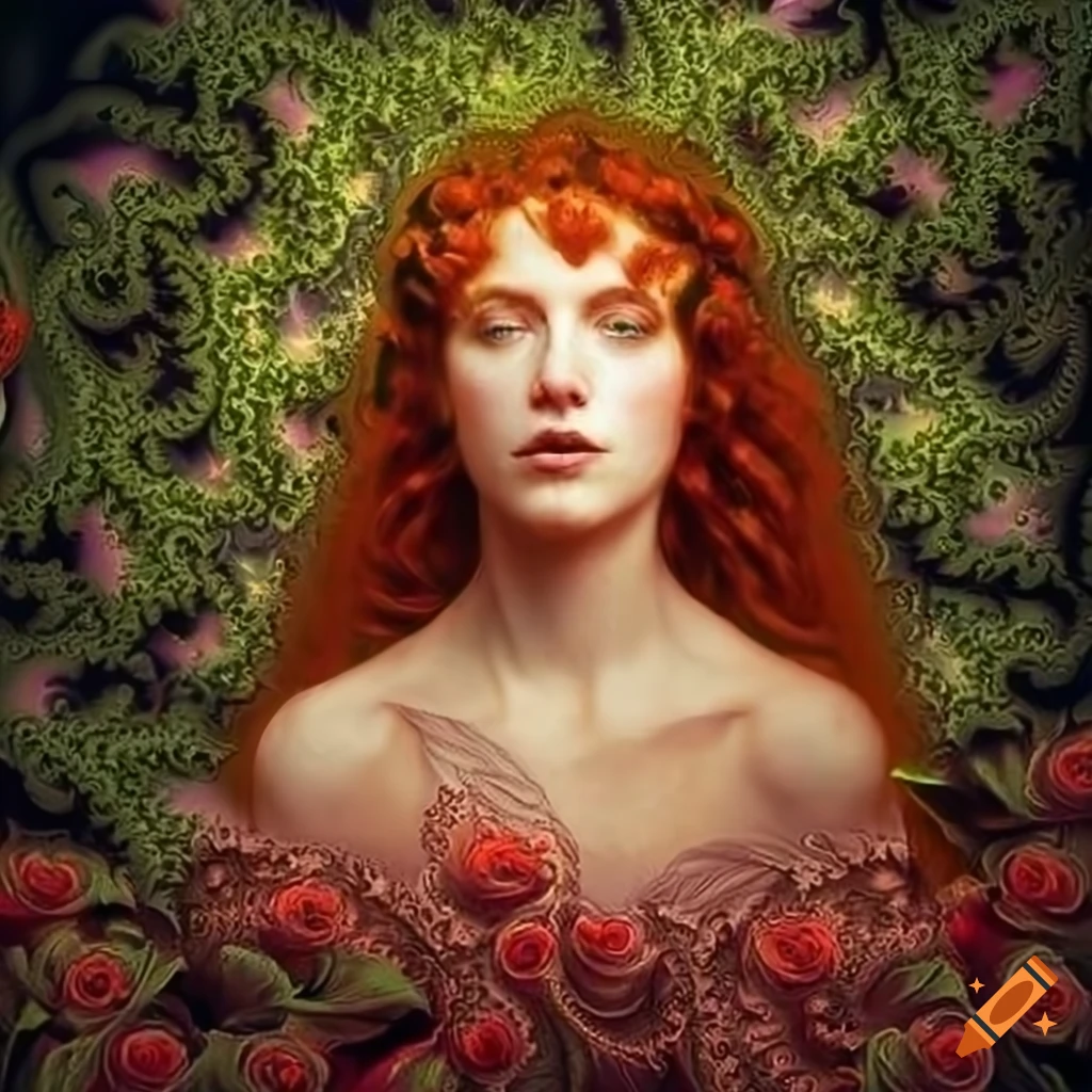 Fractal art of a red-haired woman surrounded by roses on Craiyon
