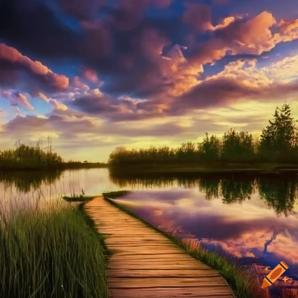 Detailed dusk landscape painting with pond and path