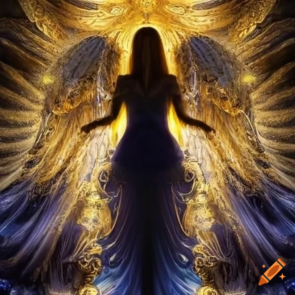 Symmetrical depiction of a dancing woman under golden god-ray on Craiyon