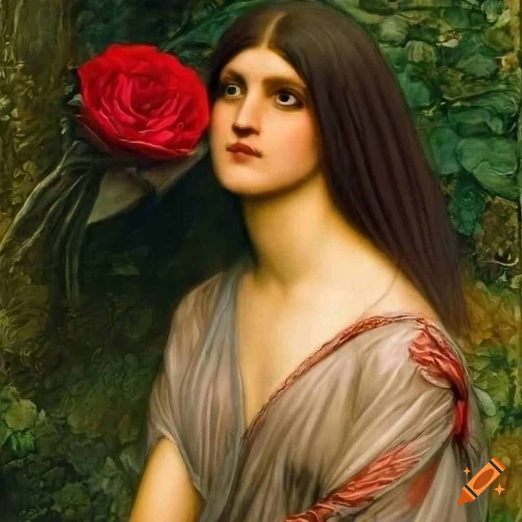 Detailed pre-raphaelite style artwork of a beautiful woman with red roses on Craiyon
