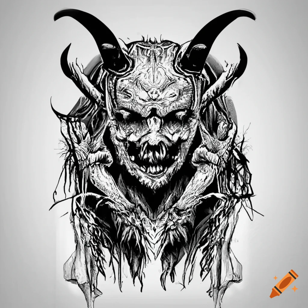 Black and white demon outline for a metal band t-shirt on Craiyon