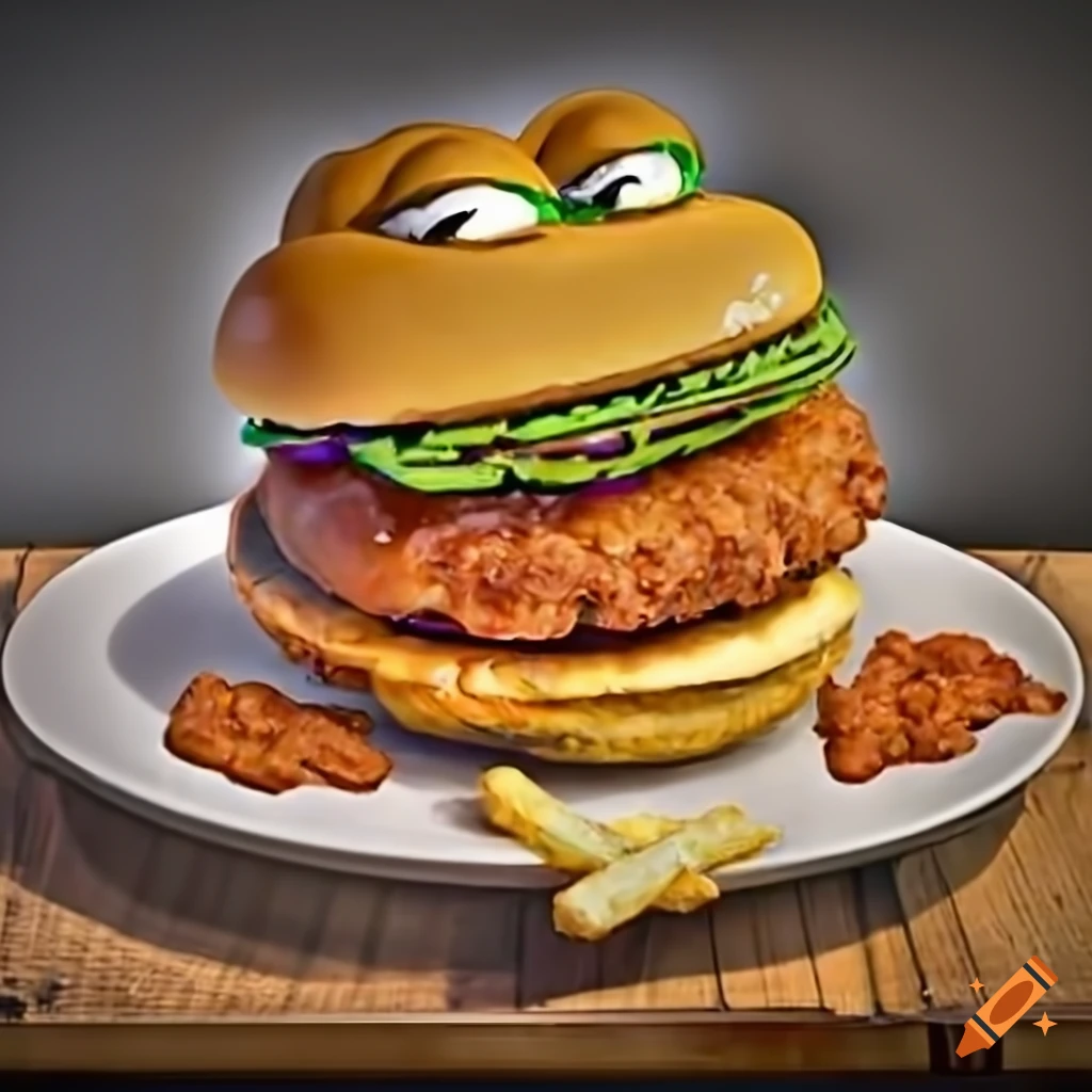 Hyper realistic art of Pepe the frog enjoying a cheeseburger and fries on Craiyon