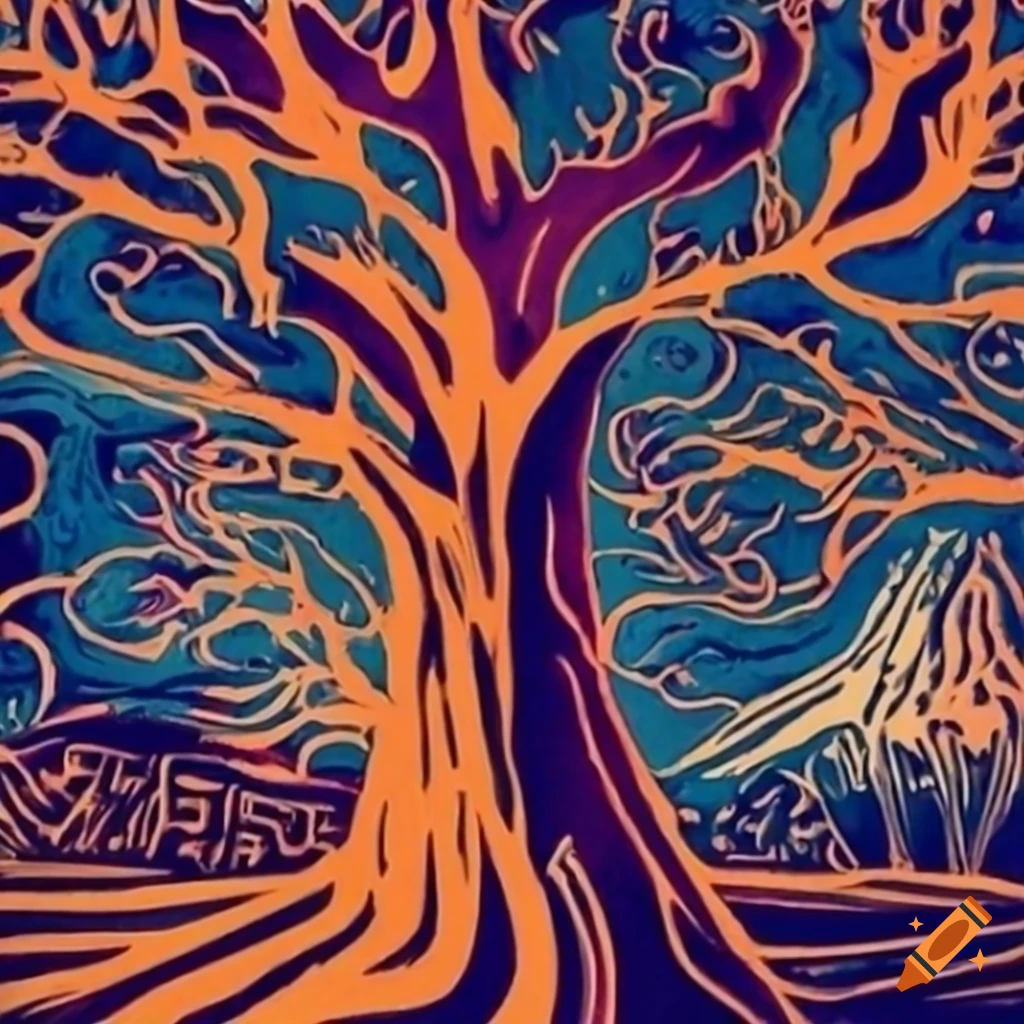 Elegant linocut drawing of stylized tree on Craiyon