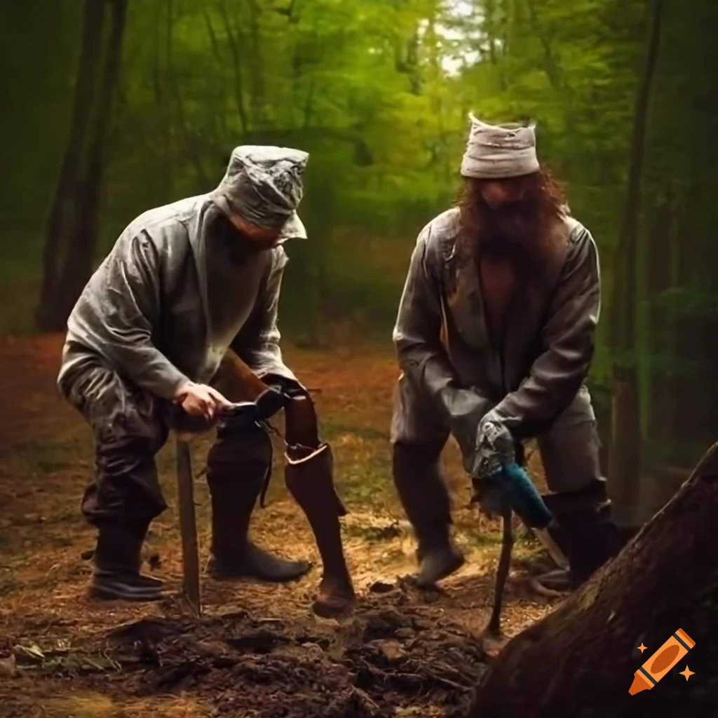 Men digging a hole in the woods on Craiyon