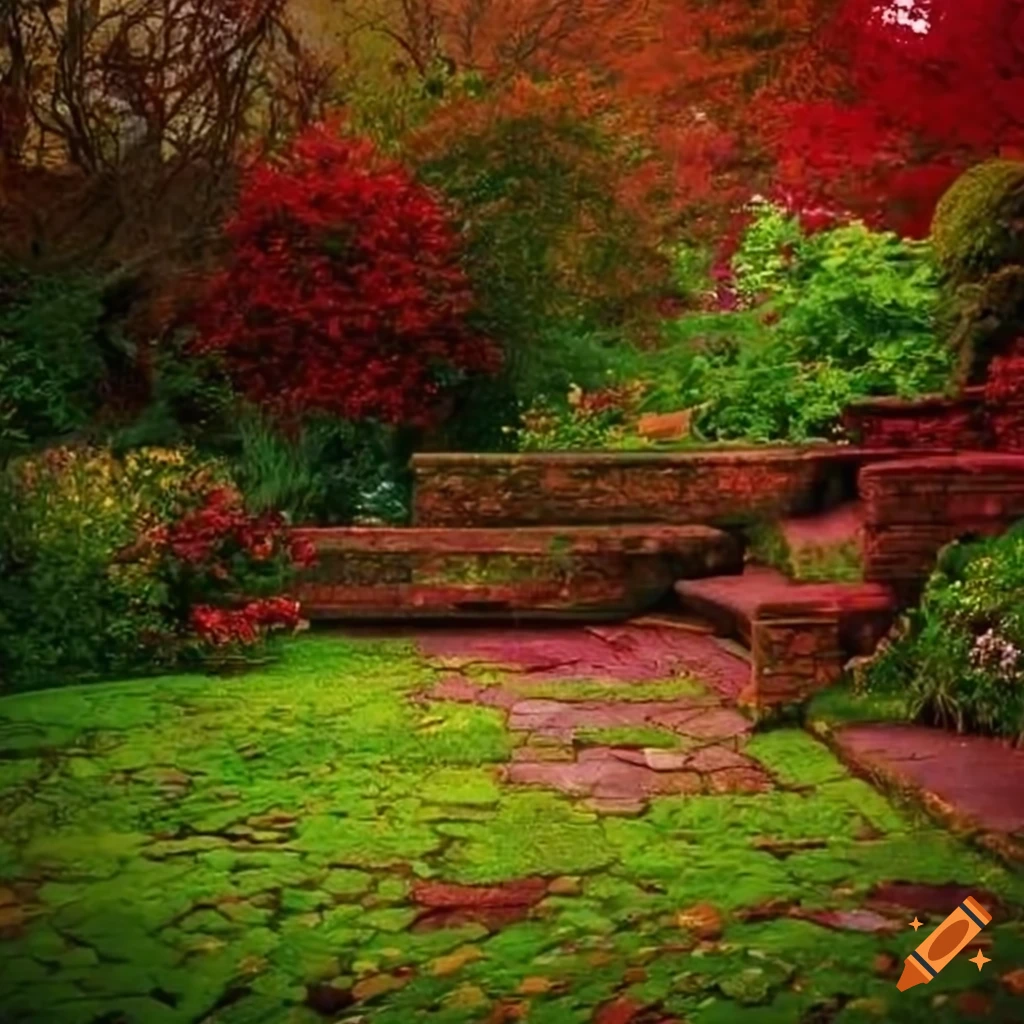 Beautiful red castle in a peaceful garden