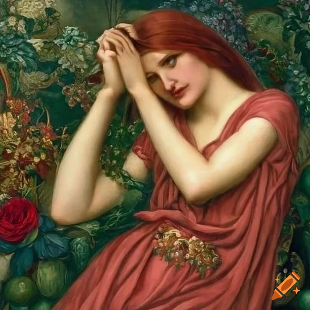 Detailed pre-raphaelite style artwork of a beautiful woman with red roses on Craiyon