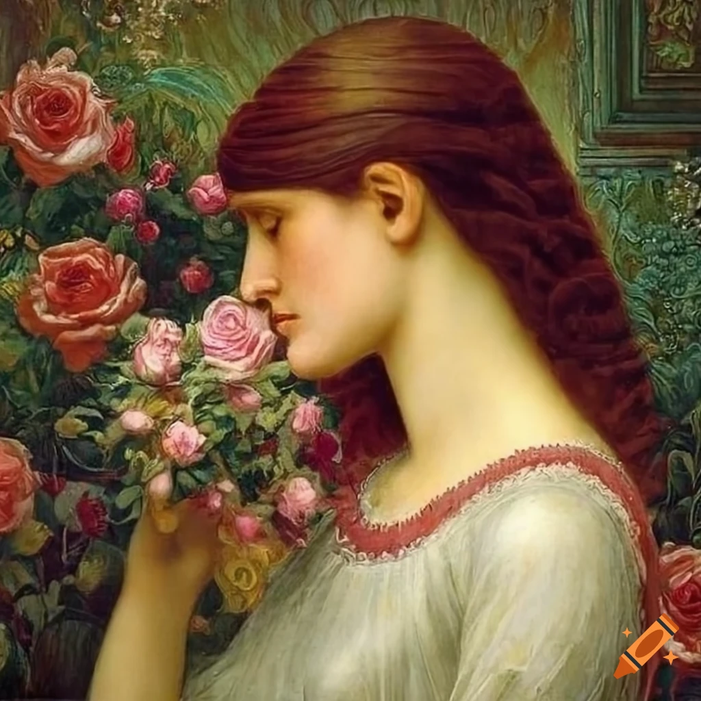 Detailed pre-raphaelite style artwork of a beautiful woman with red roses on Craiyon