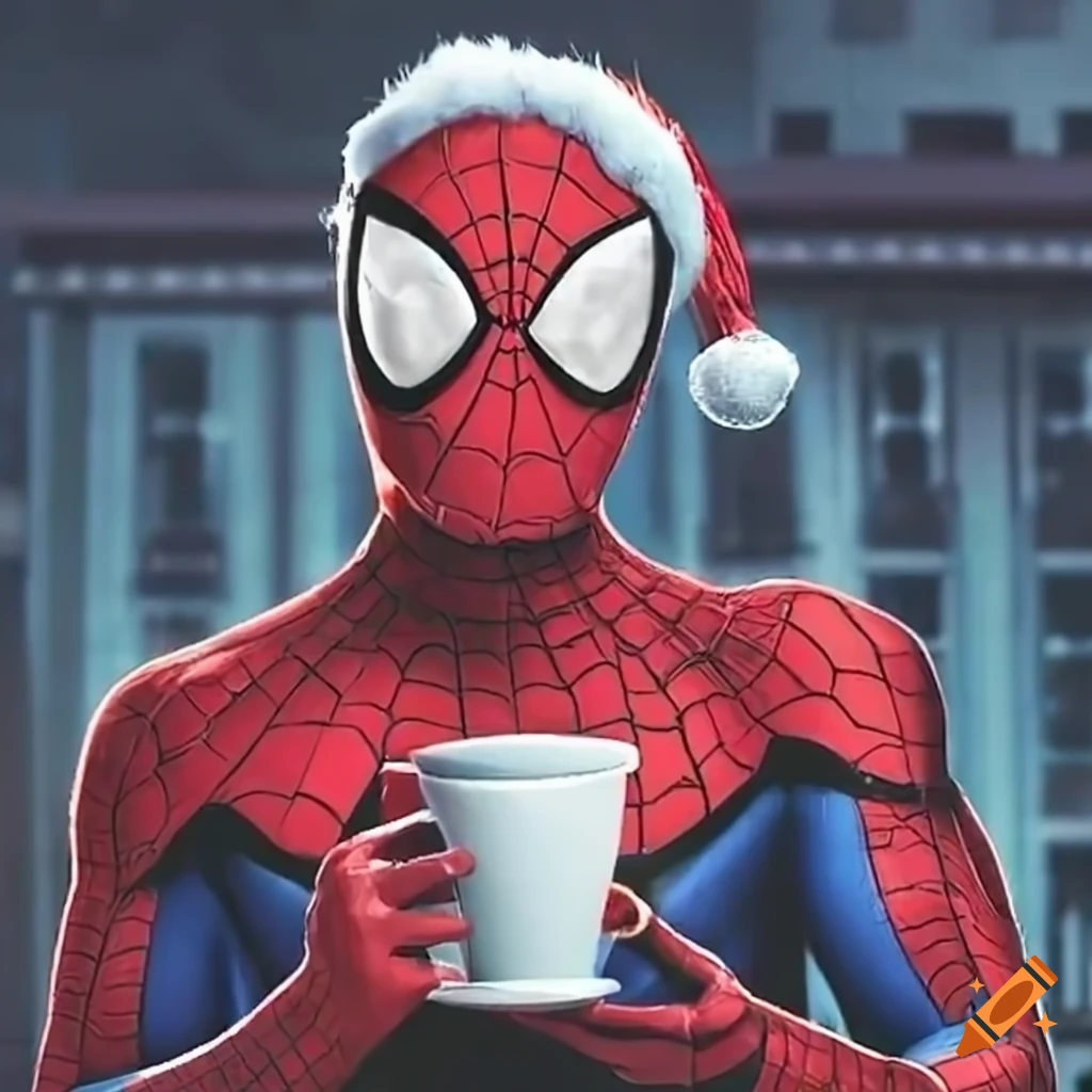 Spiderman in Santa outfit drinking coffee on Craiyon