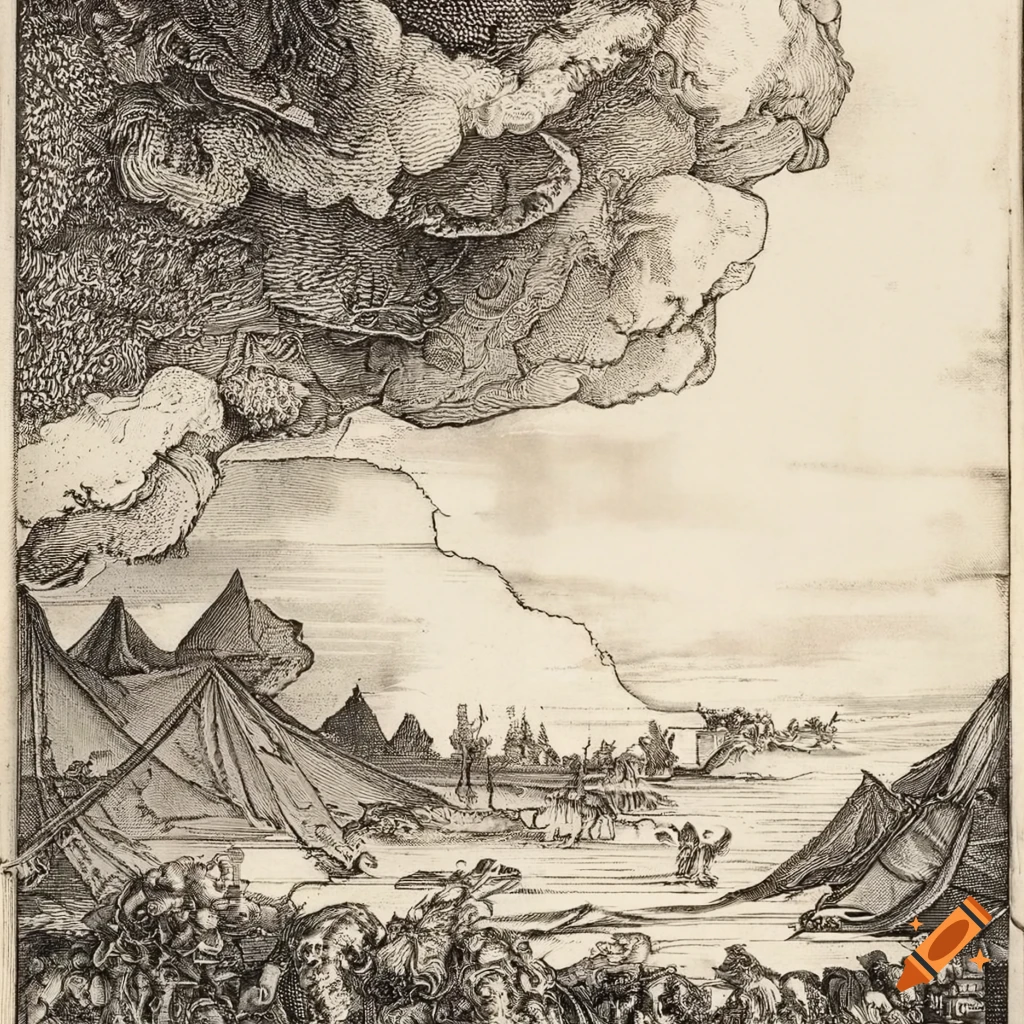 Engraved artwork of flying tents in stormy weather on Craiyon