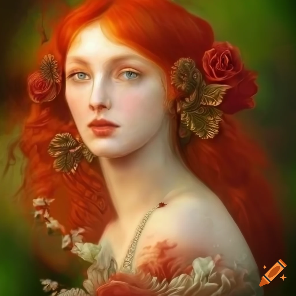Fractal art of a red-haired woman surrounded by roses on Craiyon