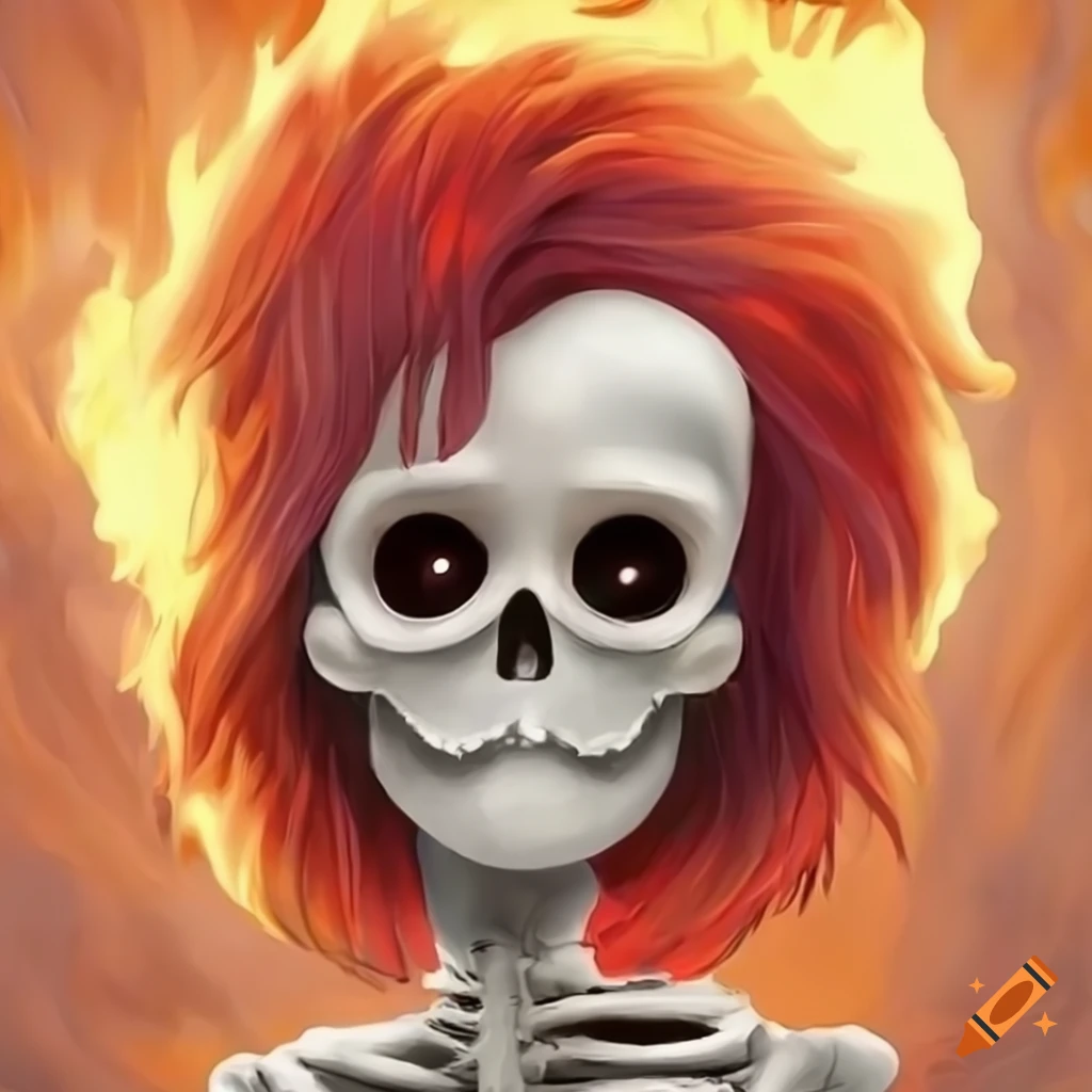 Detailed pixar-style artwork of a young skeleton with fire on Craiyon