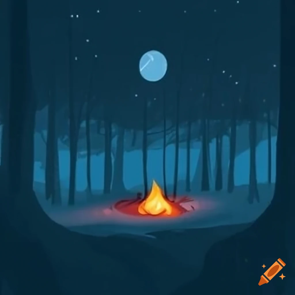 Winter forest landscape with a distant campfire on Craiyon