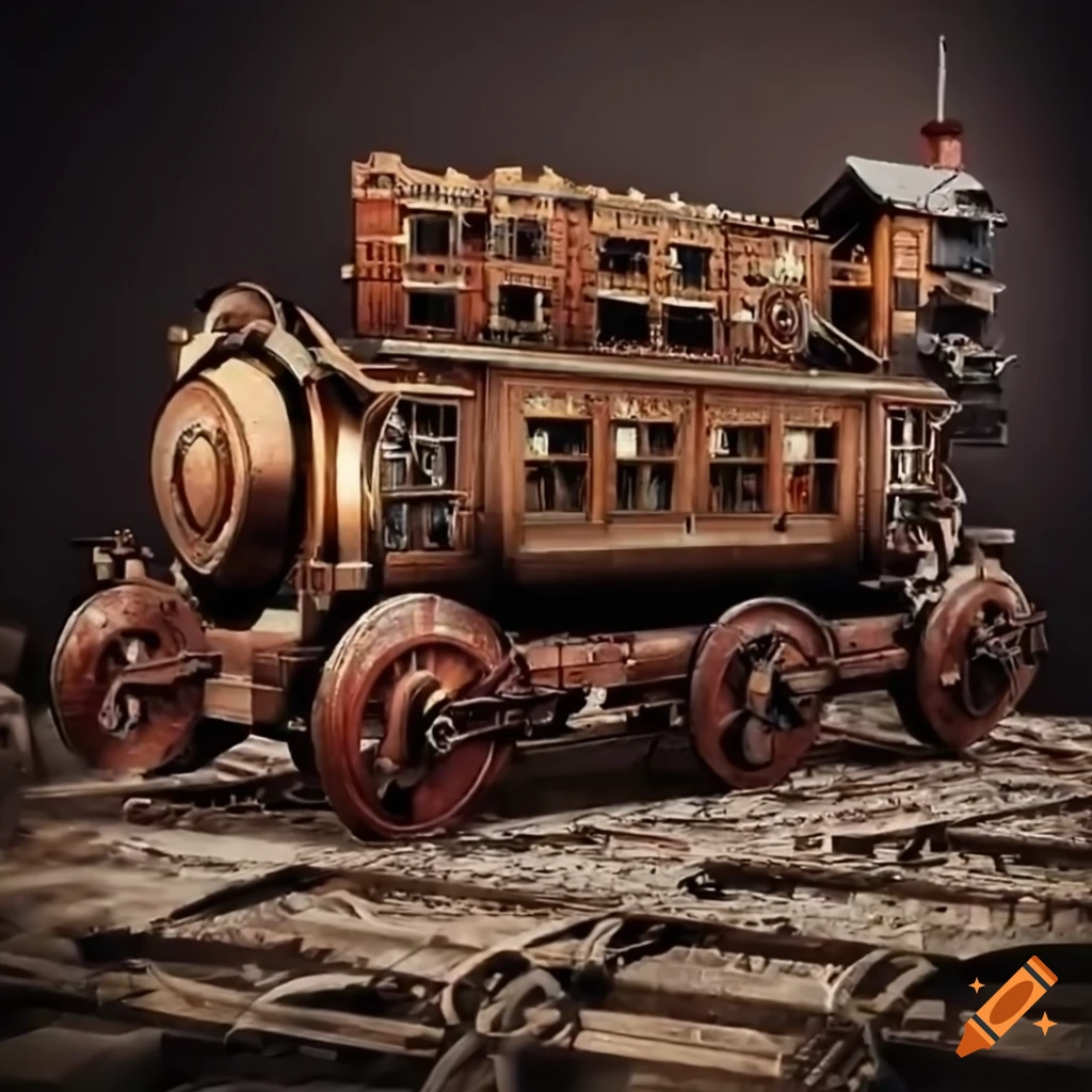 Steampunk train wagon with city block on top on Craiyon