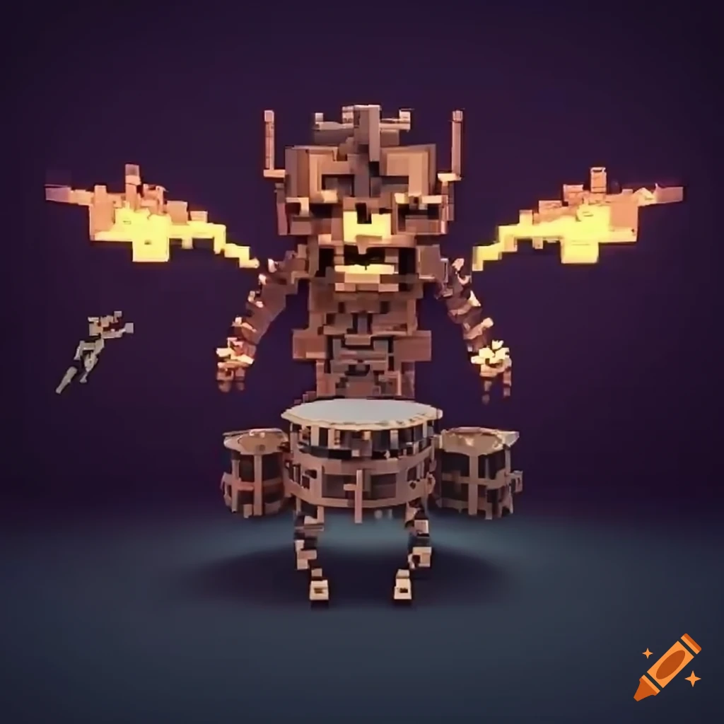 Voxel heavy metal drum set with an ornate pickaxe