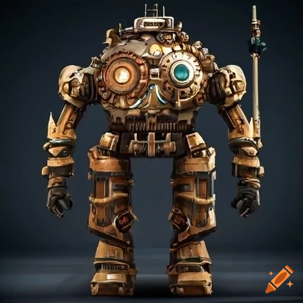 Front view of a realistic steampunk mecha on Craiyon