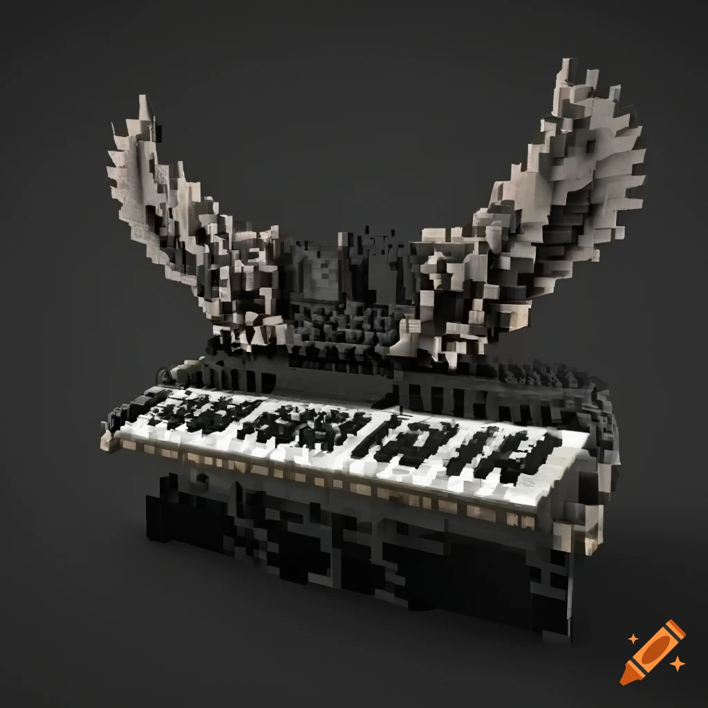 Gothic-style voxel keyboard with bone-like keys and wings on Craiyon