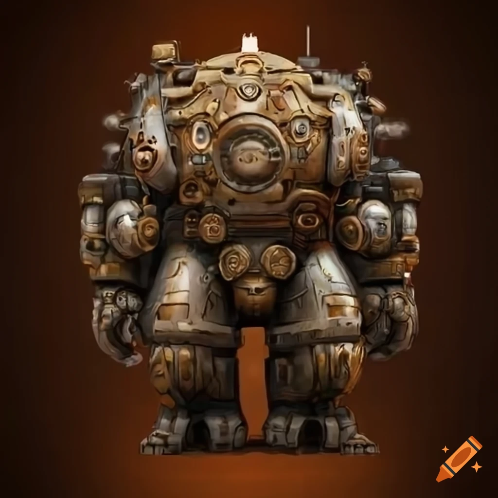 Front view of a realistic steampunk mecha on Craiyon