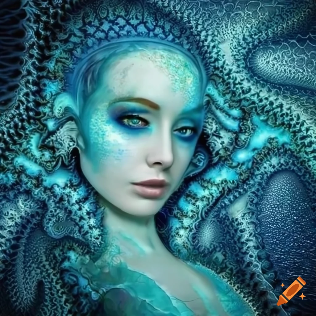 Detailed portrait of a blue mermaid in a fractal background on Craiyon