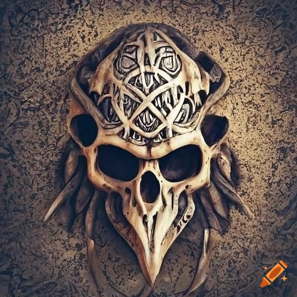 Biomechanical raven skull death mask with norse runes on Craiyon