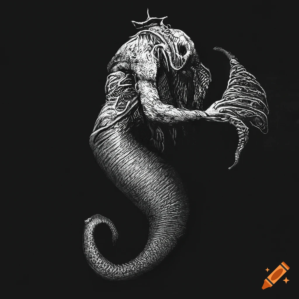 Detailed etching of a Lovecraftian merman monster on Craiyon