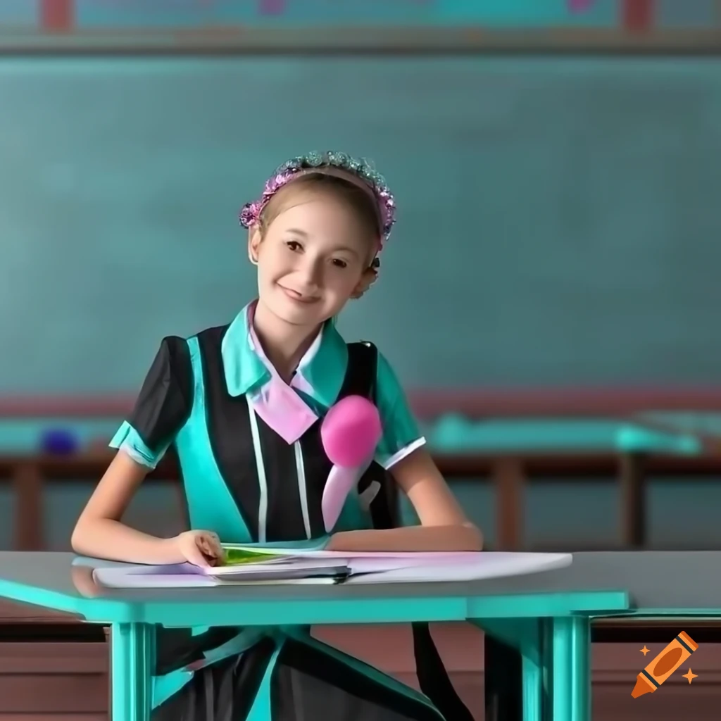 Girl in a modern rococo school uniform in a glass desk classroom on Craiyon