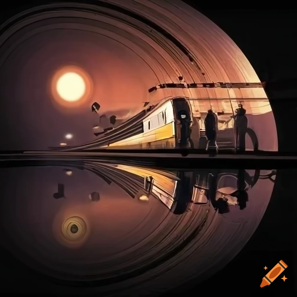 Retro space themed train station with astronauts and business men on ...