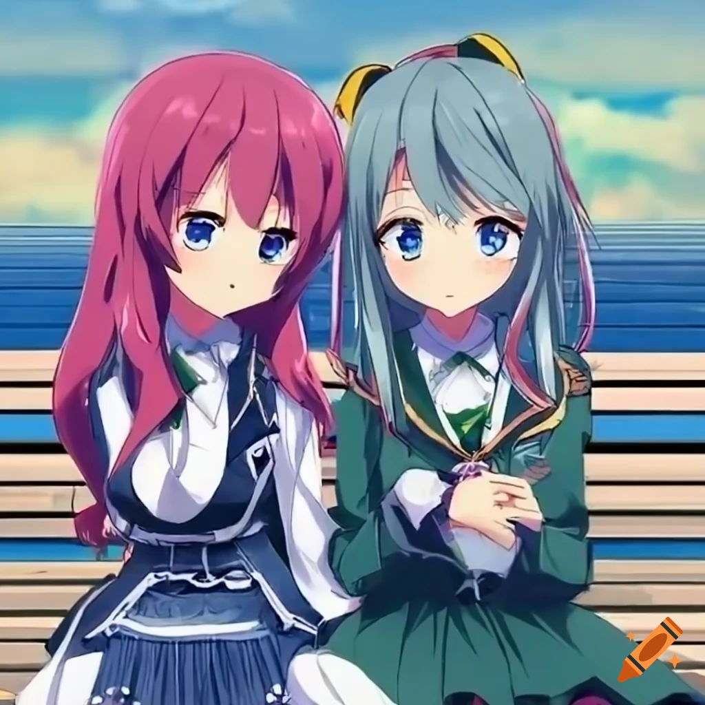 Two anime girls sitting on a bench on Craiyon