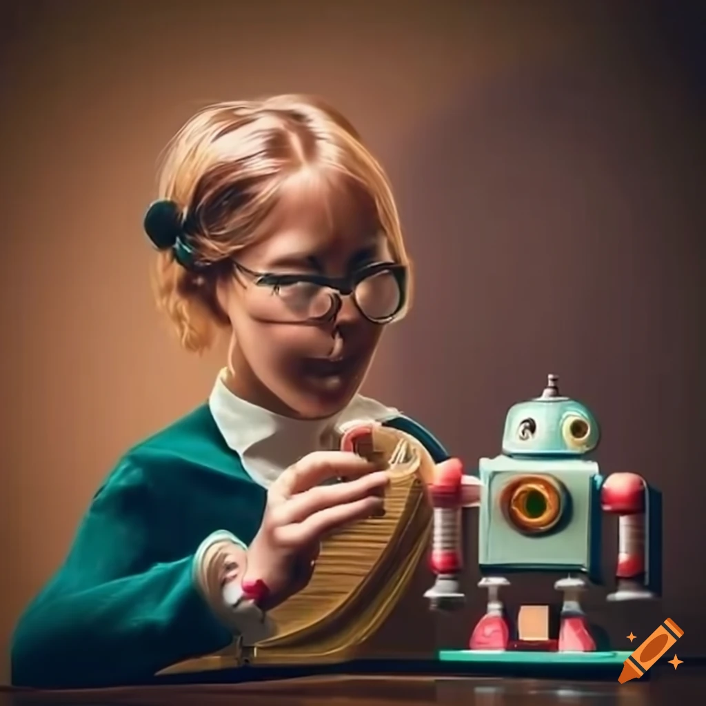 Playful librarians with a toy robot in a Victorian era library on Craiyon