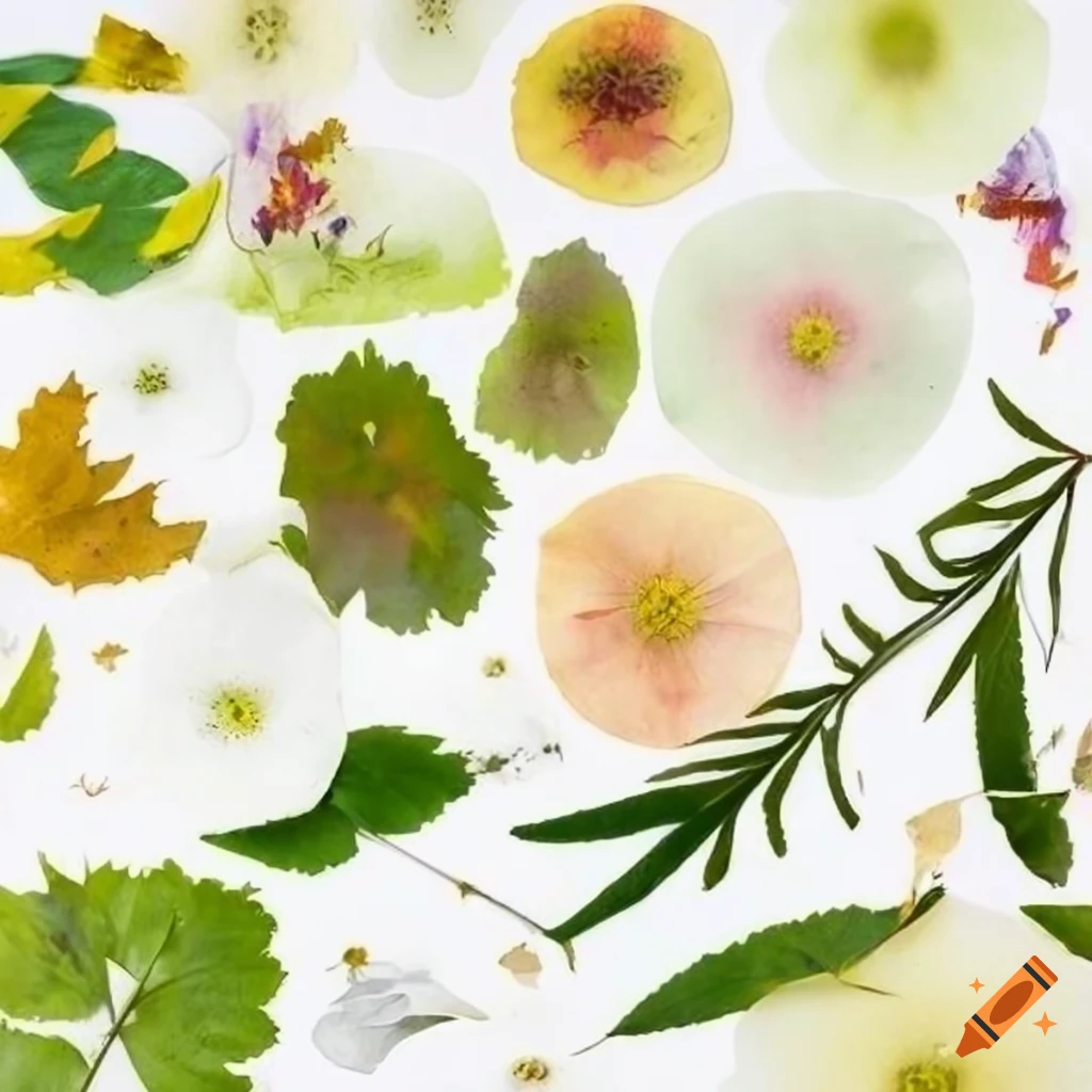 Collage of pressed petals and wildflowers on white background on Craiyon