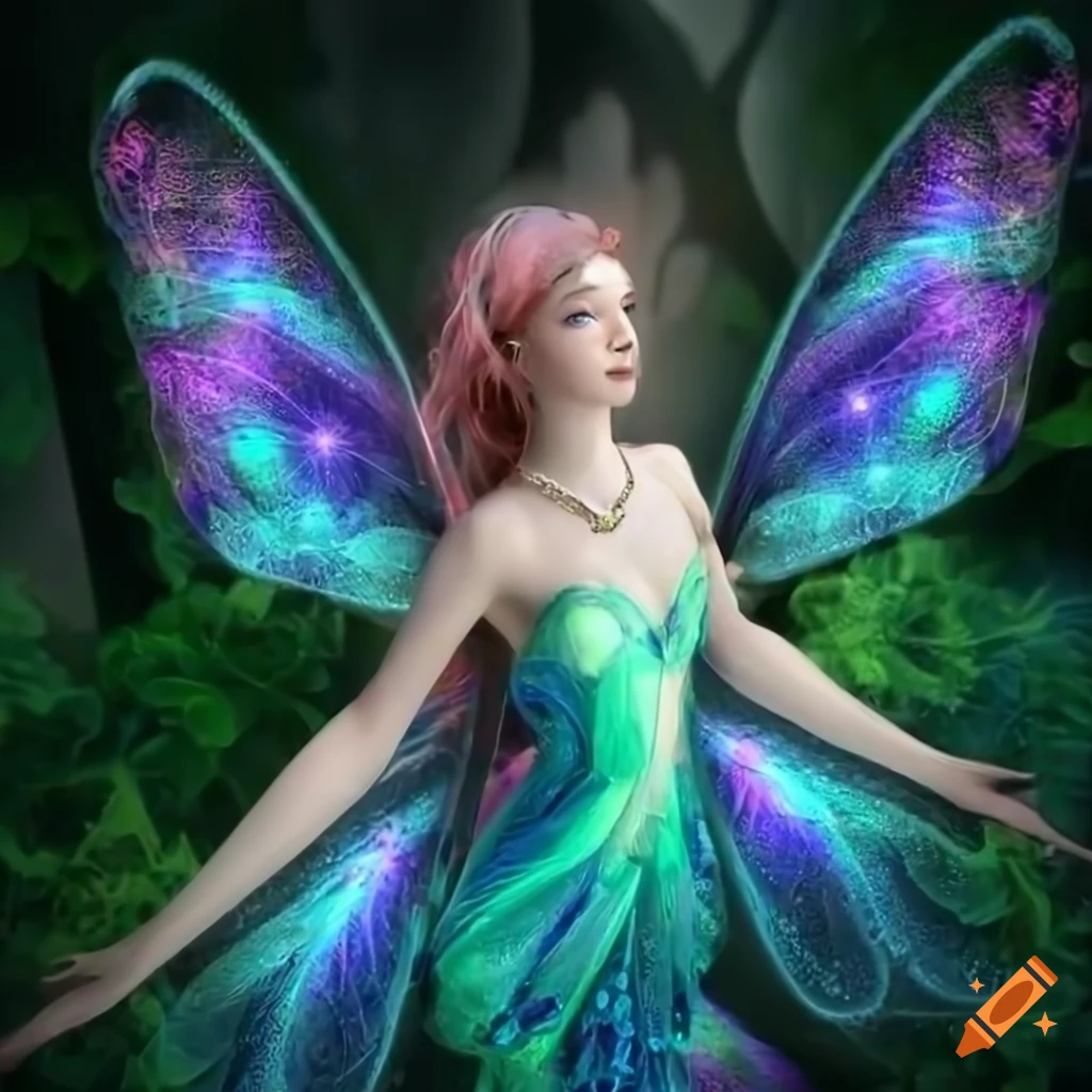 Detailed fractal art of a glowing fairy in an enchanted garden