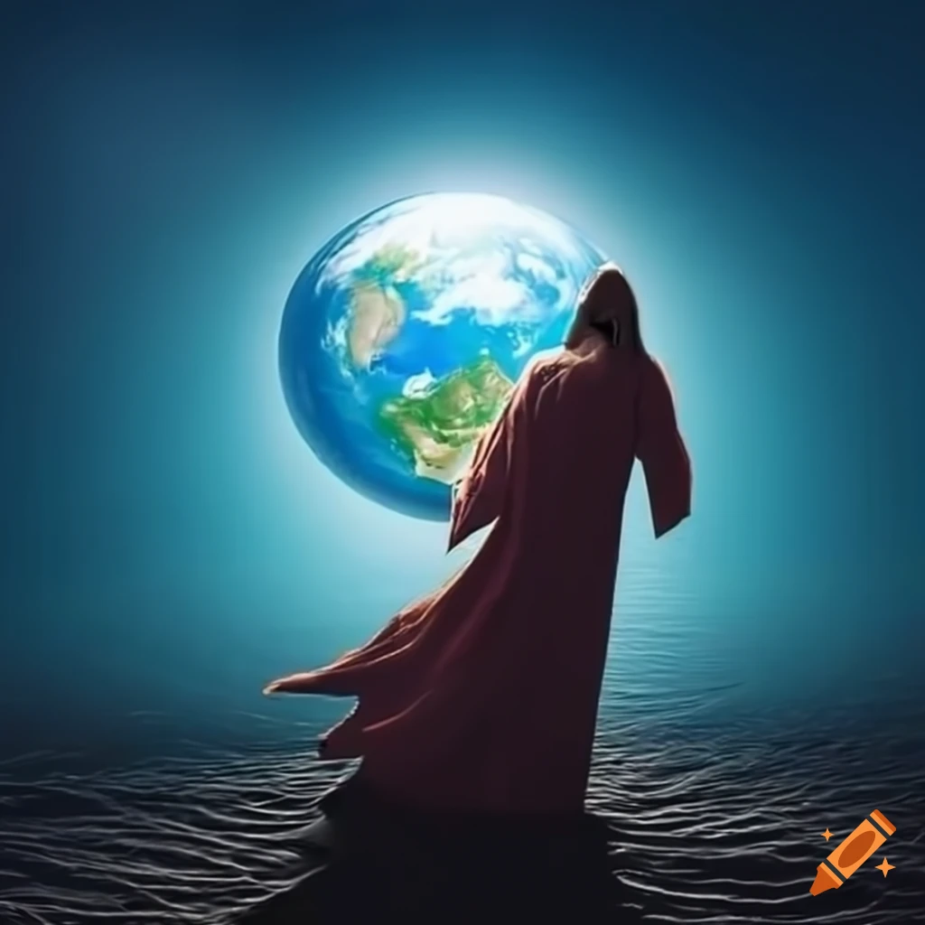 Sun setting behind the earth with a figure of jesus on Craiyon