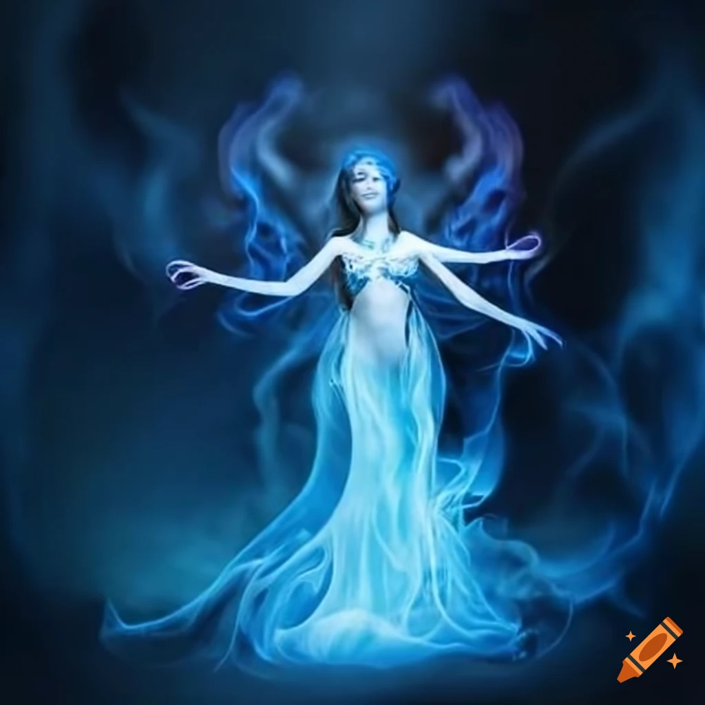 Blue flames surrounding a mystical goddess on Craiyon