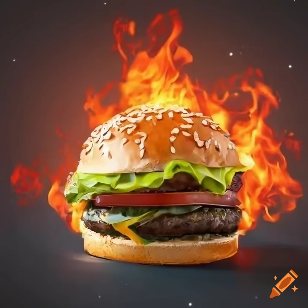 Photorealistic burger on fire by greg rutkowski on Craiyon