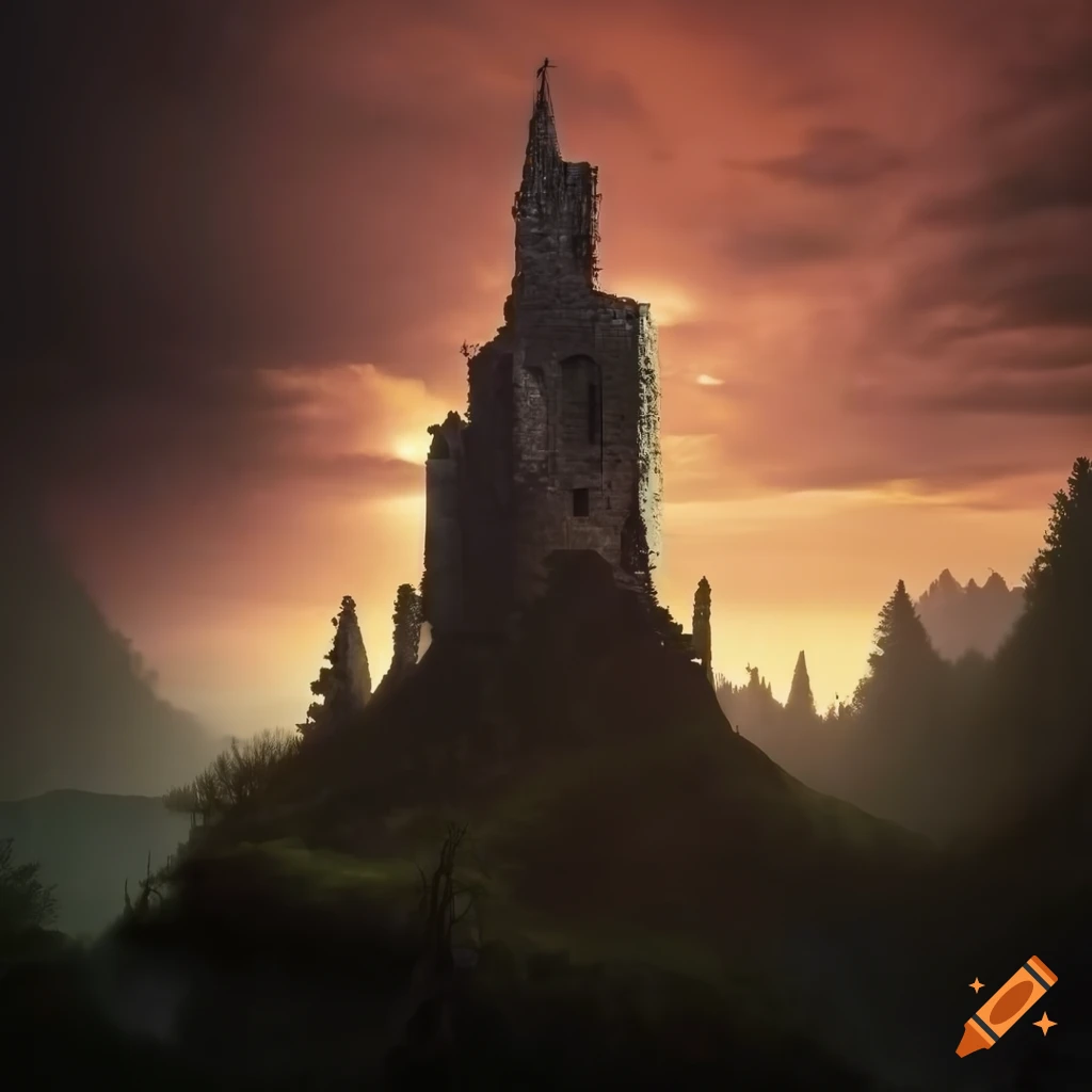 Mystical forest with an abandoned wizard tower ruins on Craiyon