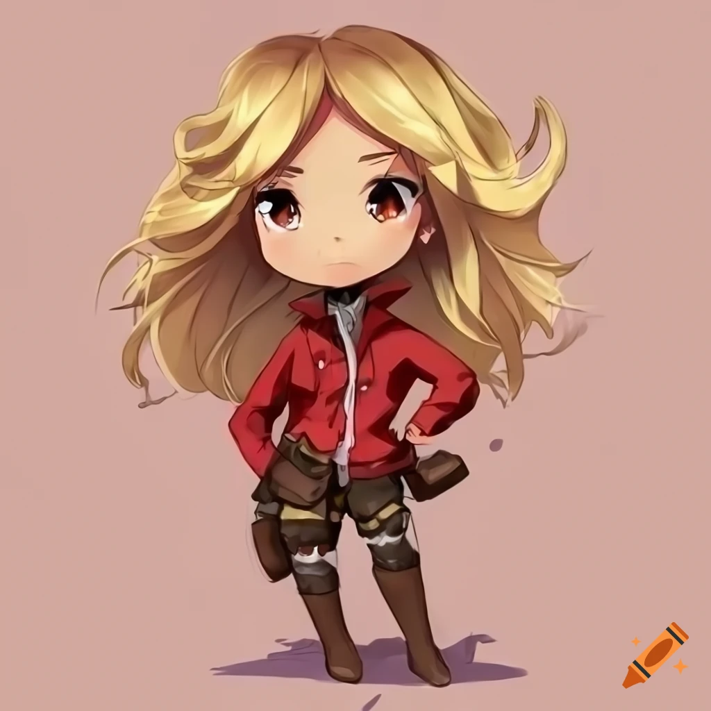 Chibi anime girl with blond hair and red shirt on Craiyon