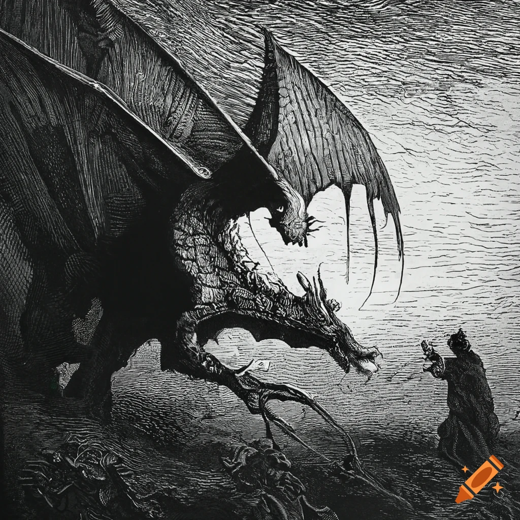 Black and white illustration of a flying demon on Craiyon