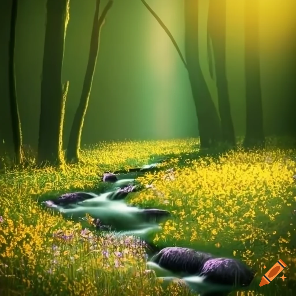 Enchanting landscape with a sunlit forest, stream and flower meadow on ...